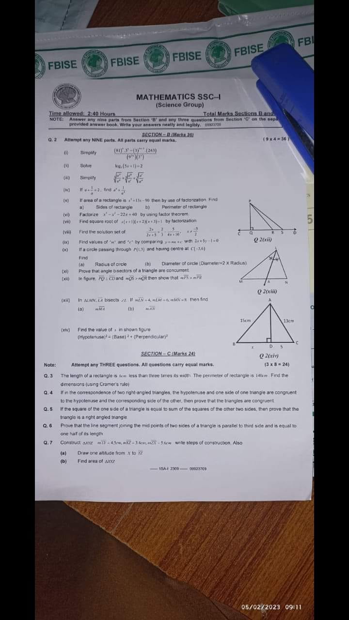 Federal Board Mathematics Paper 2023 SSC Part 1 Rezult pk Get Your Result